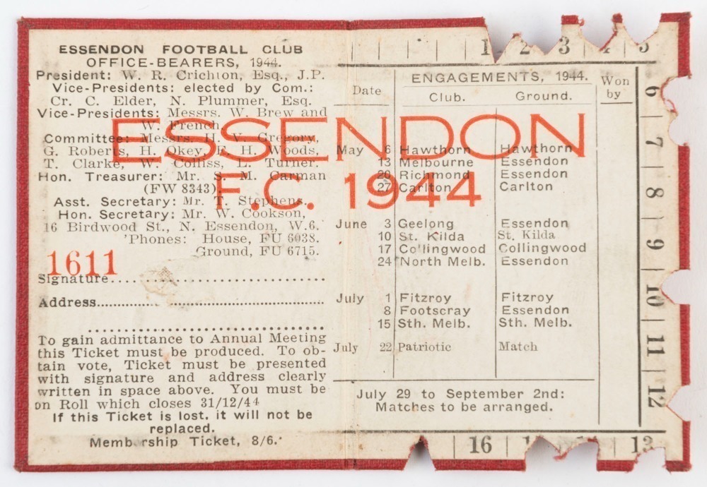 ESSENDON: 1944 Member's Season Ticket, with Fixture List & holes ...