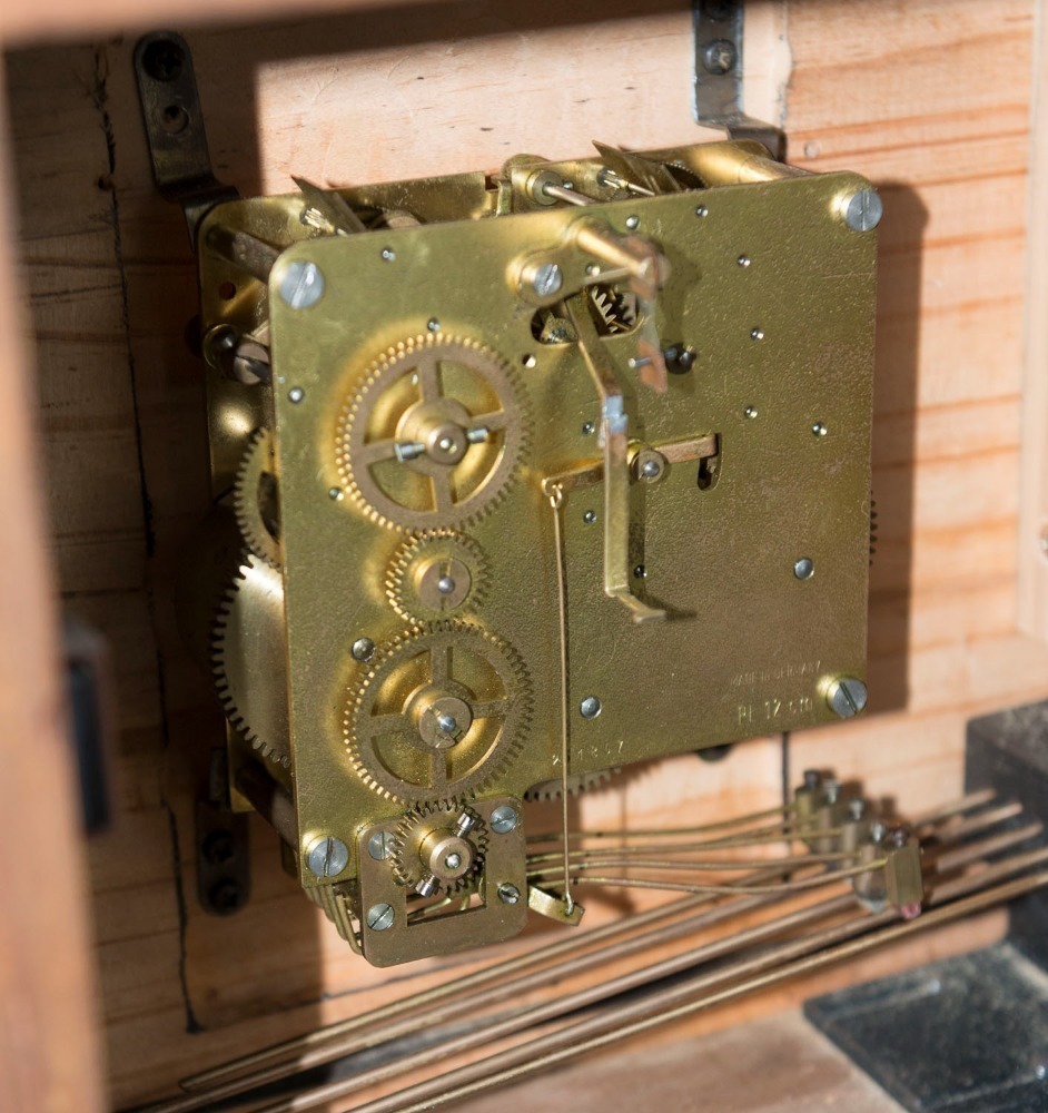 A vintage triple train clock with time, strike and chiming movement ...