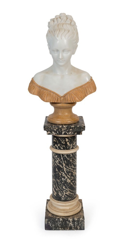 An antique carved marble bust of a lady, 19th century, 62cm high, 126cm ...