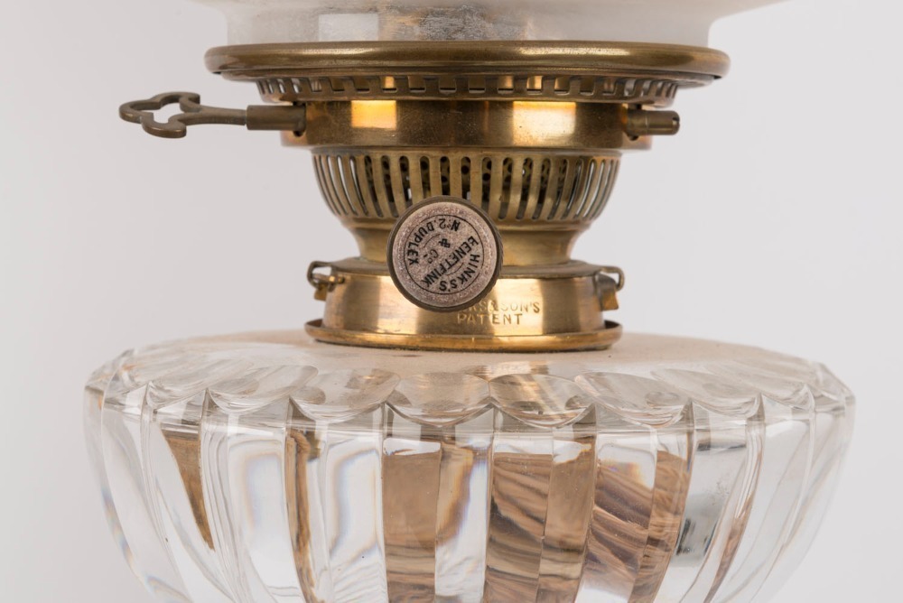 An Impressive pair of English glass banquet lamps with ormolu mounted ...