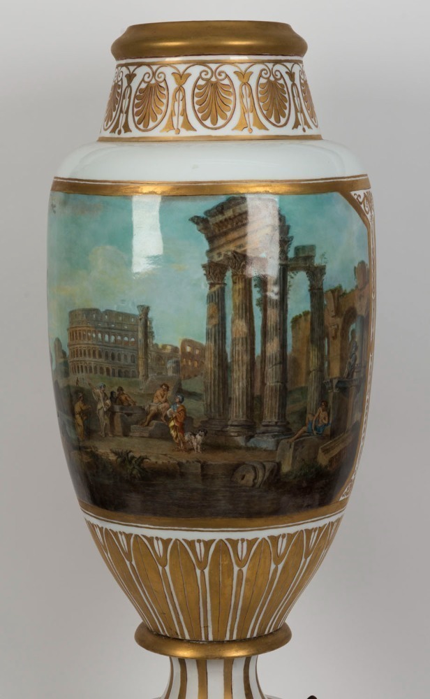 An antique Continental monumental porcelain vase, hand-painted with ...