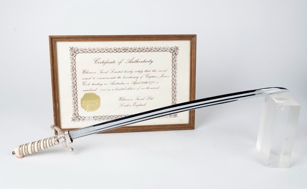CAPTAIN COOK limited edition replica sword by Wilkinson, with framed ...