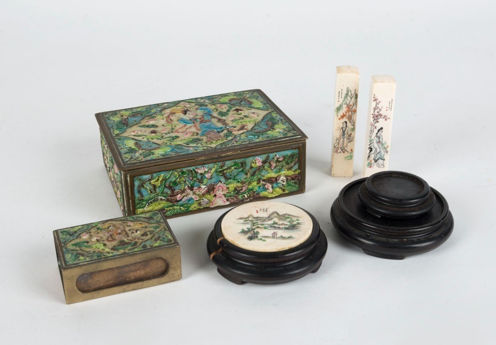Two Chinese ivory seals, an ivory token, three assorted stands, a box ...
