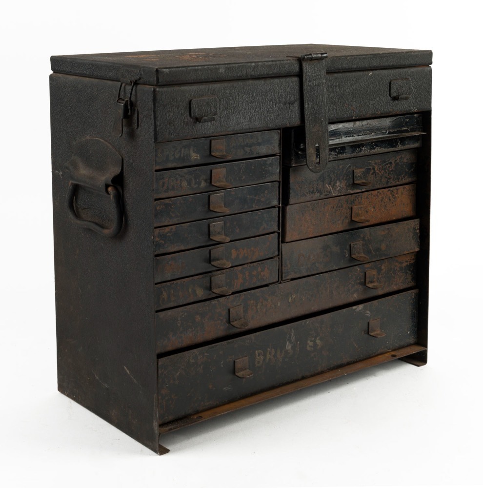 A depression era hand-made metal tool chest from an old pattern maker's ...