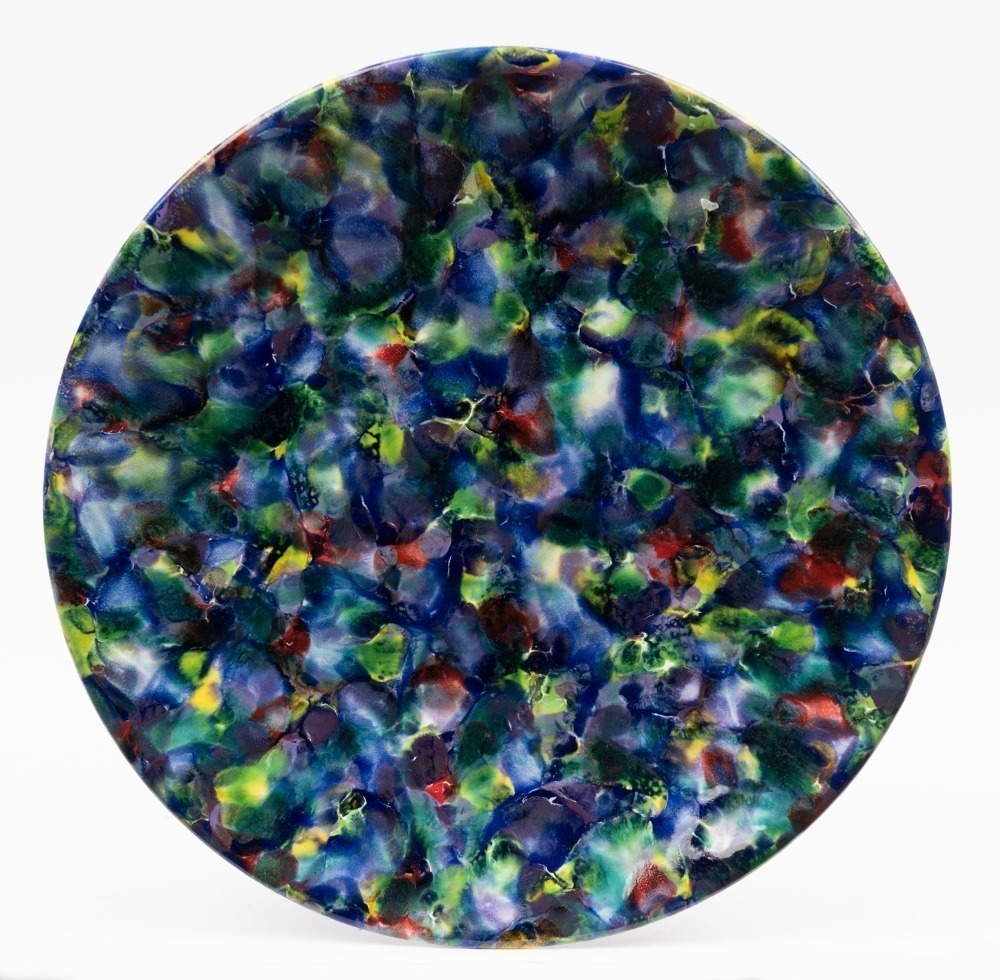 DAVID LYONS studio pottery charger with multi-coloured glaze, incised D ...