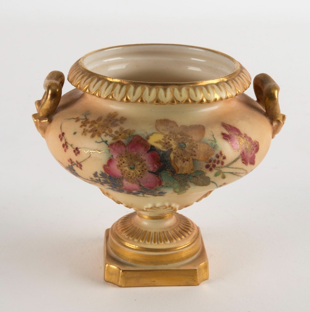 ROYAL WORCESTER antique English porcelain miniature urn with floral ...