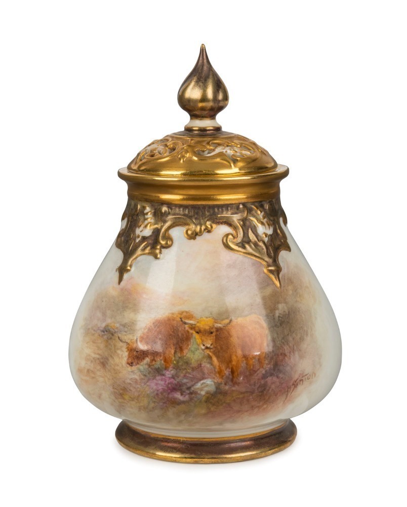 ROYAL WORCESTER English porcelain pot pourri vase with highland cattle ...