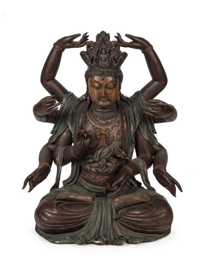 GUANYIN seated statue, carved wood with polychrome finish and inset ...