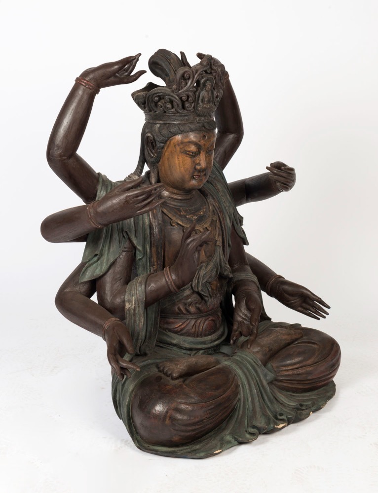 GUANYIN seated statue, carved wood with polychrome finish and inset ...
