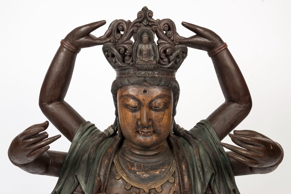 GUANYIN seated statue, carved wood with polychrome finish and inset ...