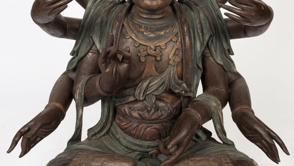 GUANYIN seated statue, carved wood with polychrome finish and inset ...