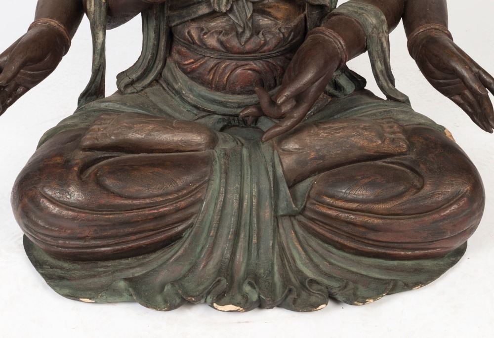 GUANYIN seated statue, carved wood with polychrome finish and inset ...
