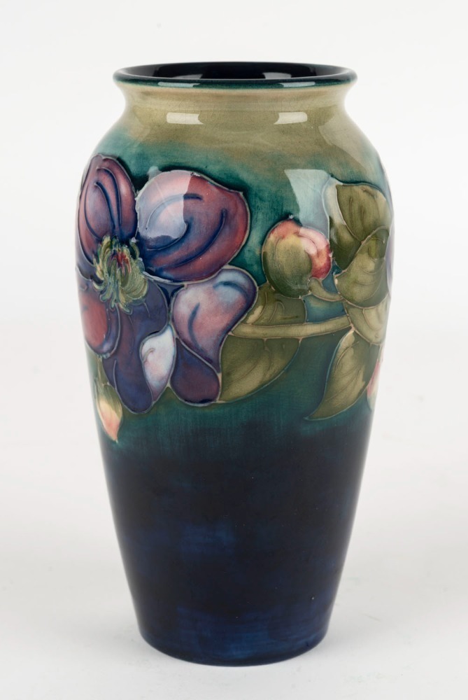 MOORCROFT Clematis English pottery vase on blue and celadon ground ...