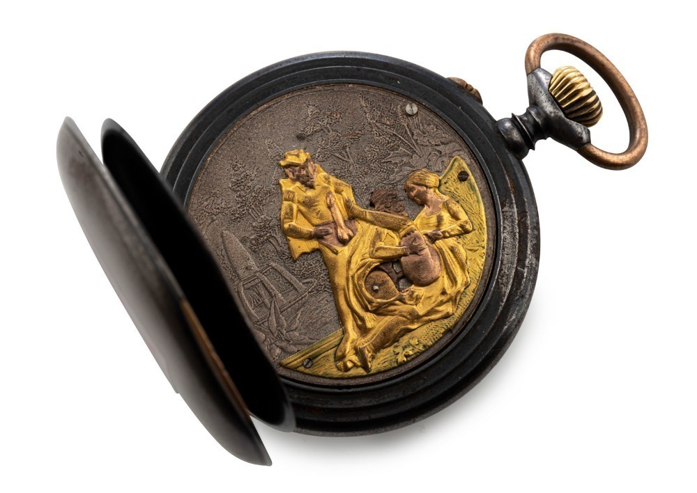 EROTIC AUTOMATON An interesting Swiss pocket watch in gun metal case ...