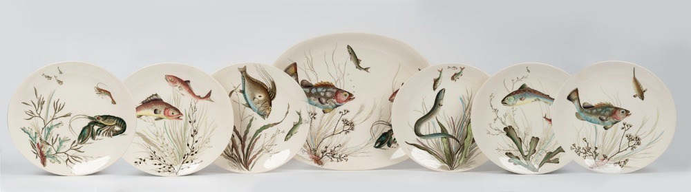 JOHNSON BROTHERS, seven piece vintage English porcelain fish set, mid ...