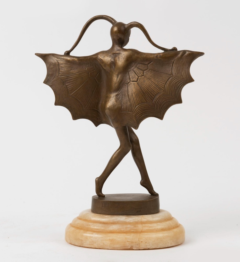 BARNER Art Deco bronze statue of a fairy nymph on oval stepped white ...