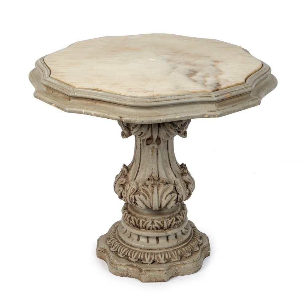 A vintage French centre table, carved wood with grey painted finish and ...