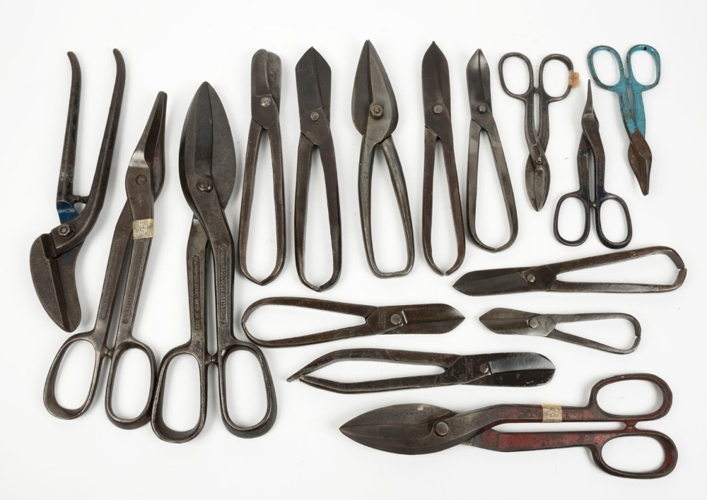 A large assortment of workshop shears from makers such as Crescent, J ...
