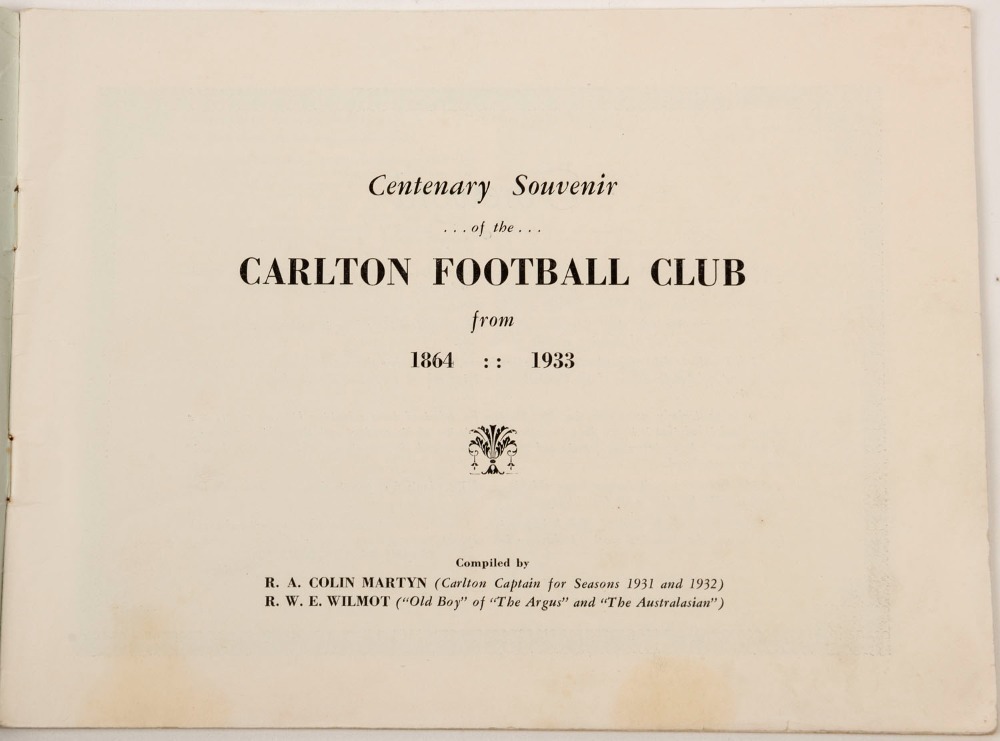 1934 Centenary Souvenir of CARLTON FOOTBALL CLUB - 70 Years of Progress ...