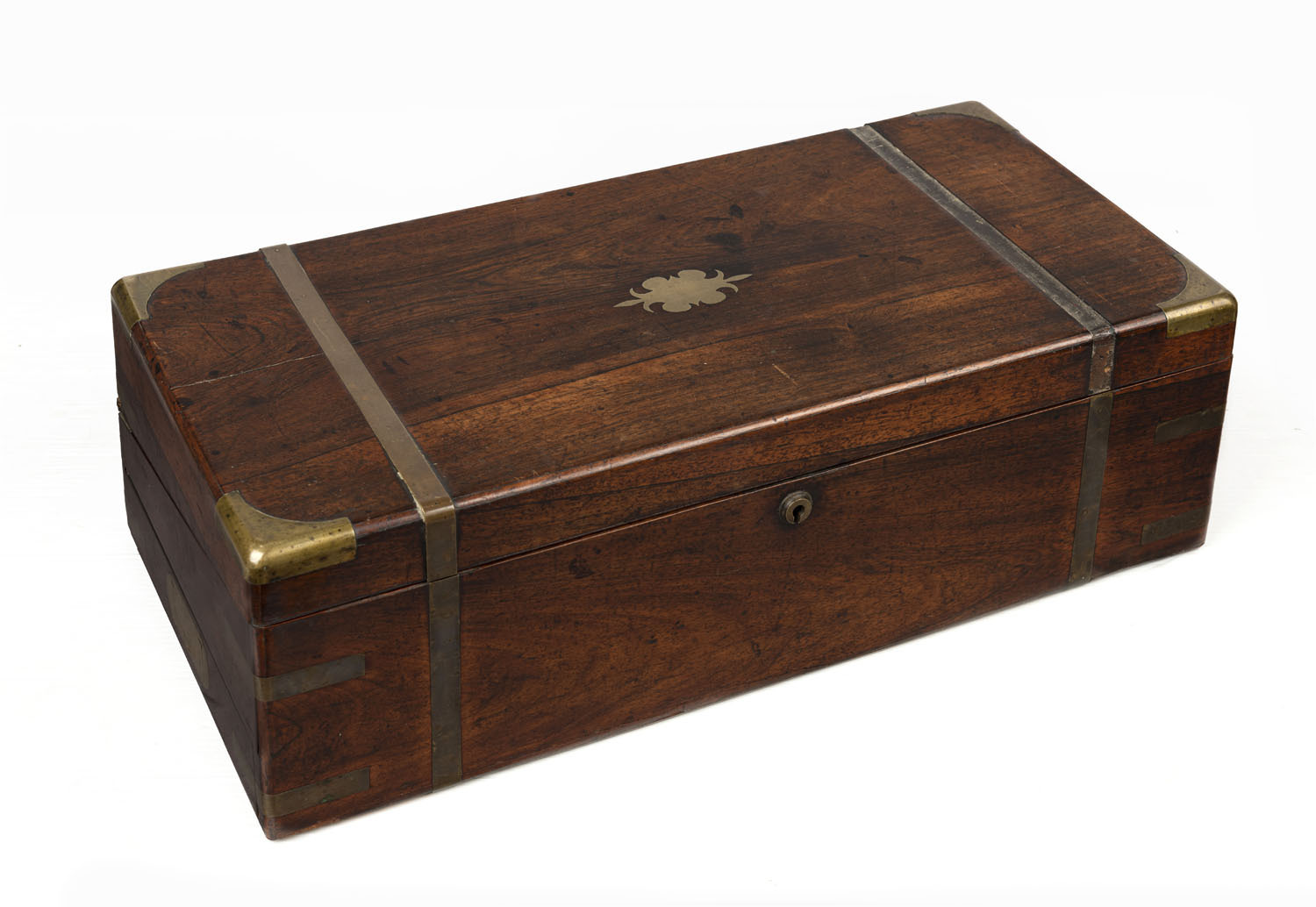 An antique English writing box, rosewood with brass bound edges and ...