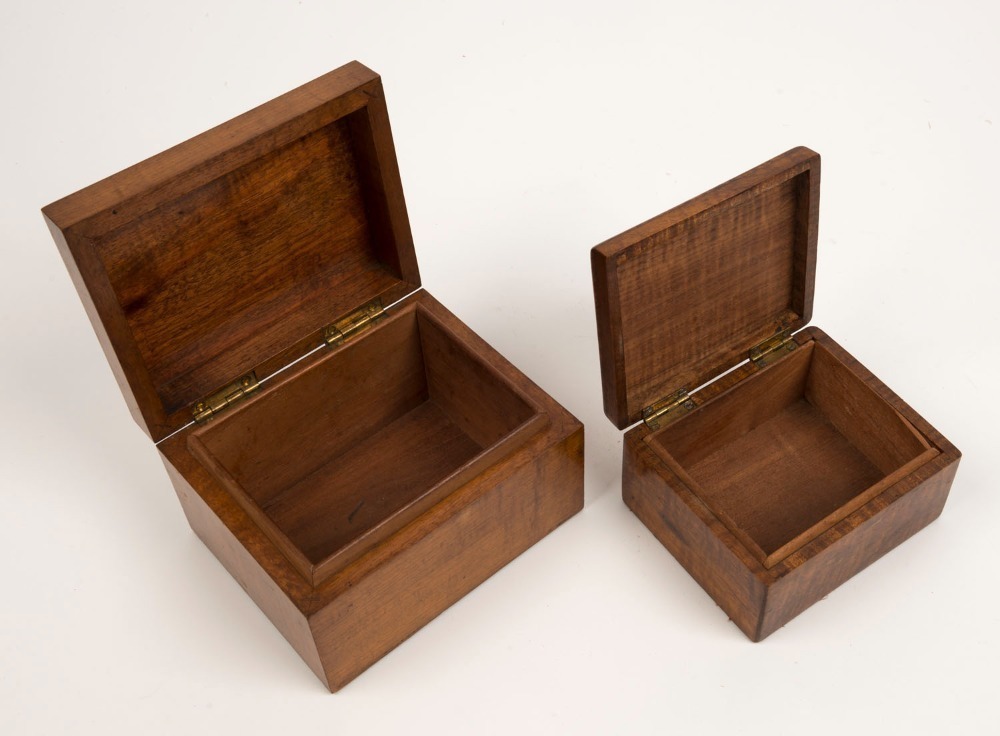 Two Australian timber boxes with specimen timber map tops, 20th century ...