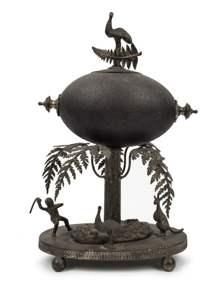 An antique Australian silver plated emu egg ornament with emus ...