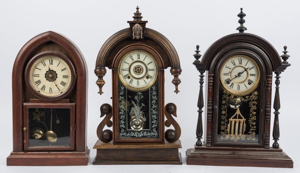 Three antique American shelf clocks in timber cases, including beehive ...