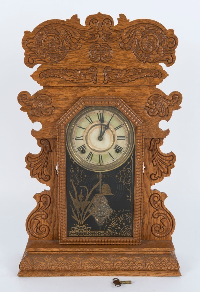 WELCH antique American cottage clock in pressed oak case with eight day ...