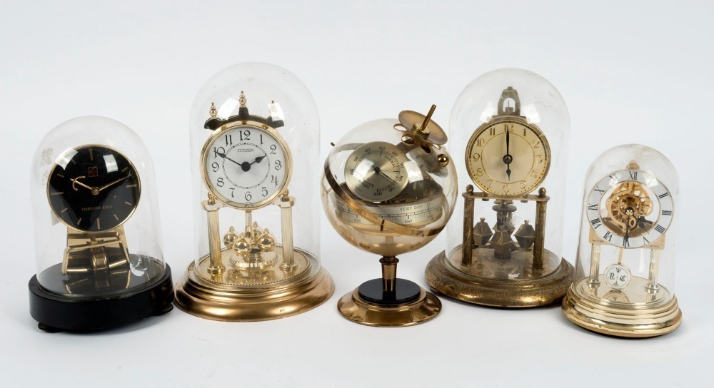 SPUTNIK clock together with four assorted anniversary dome clocks ...