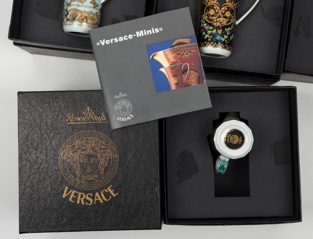 VERSACE group of eight assorted porcelain miniature coffee pots, all in ...