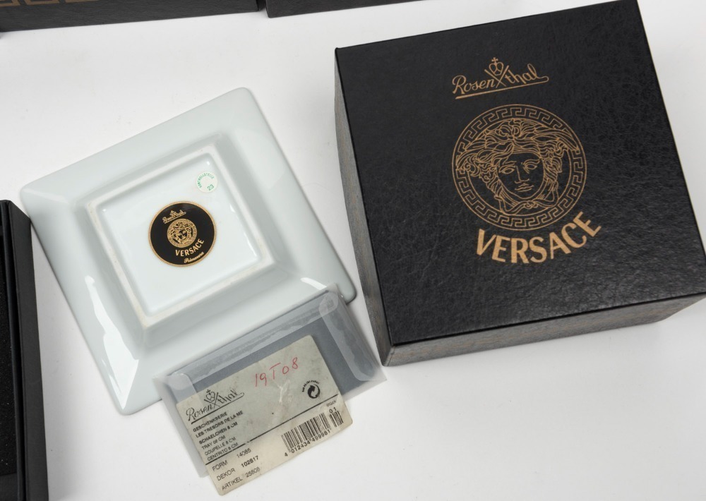 VERSACE group of four assorted porcelain Christmas bells and a dish ...