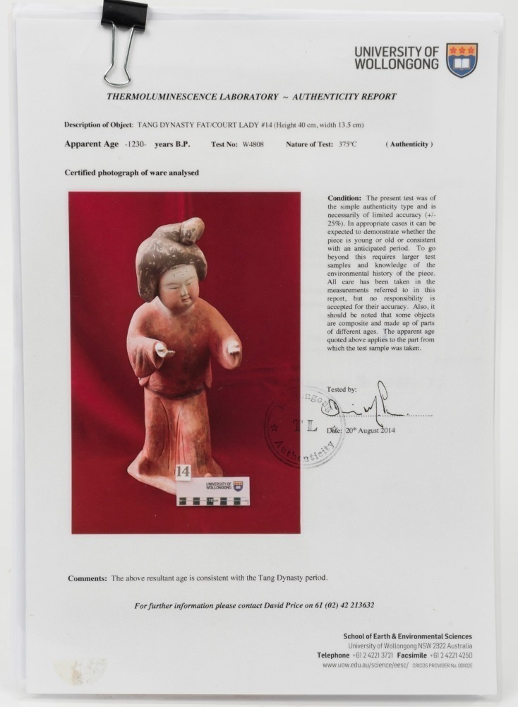 An antique Chinese polychrome pottery statue of a court attendant, Tang Dynasty (618-906), 40 ...