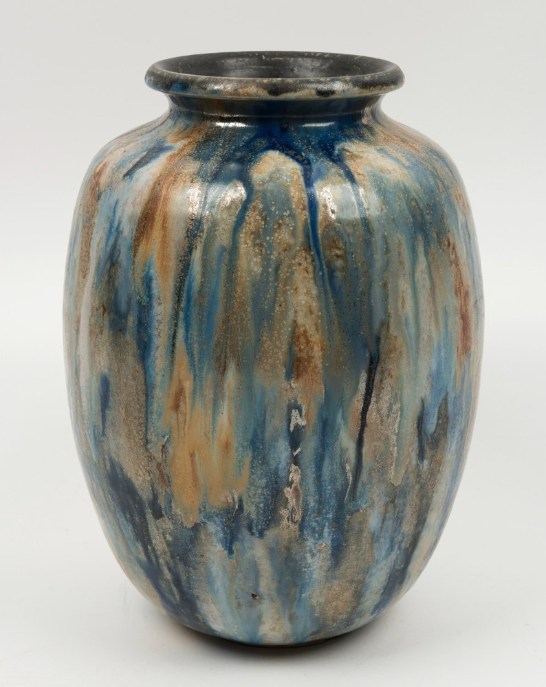 ROGER GUERIN Belgian Art Deco pottery vase with blue and brown glaze ...