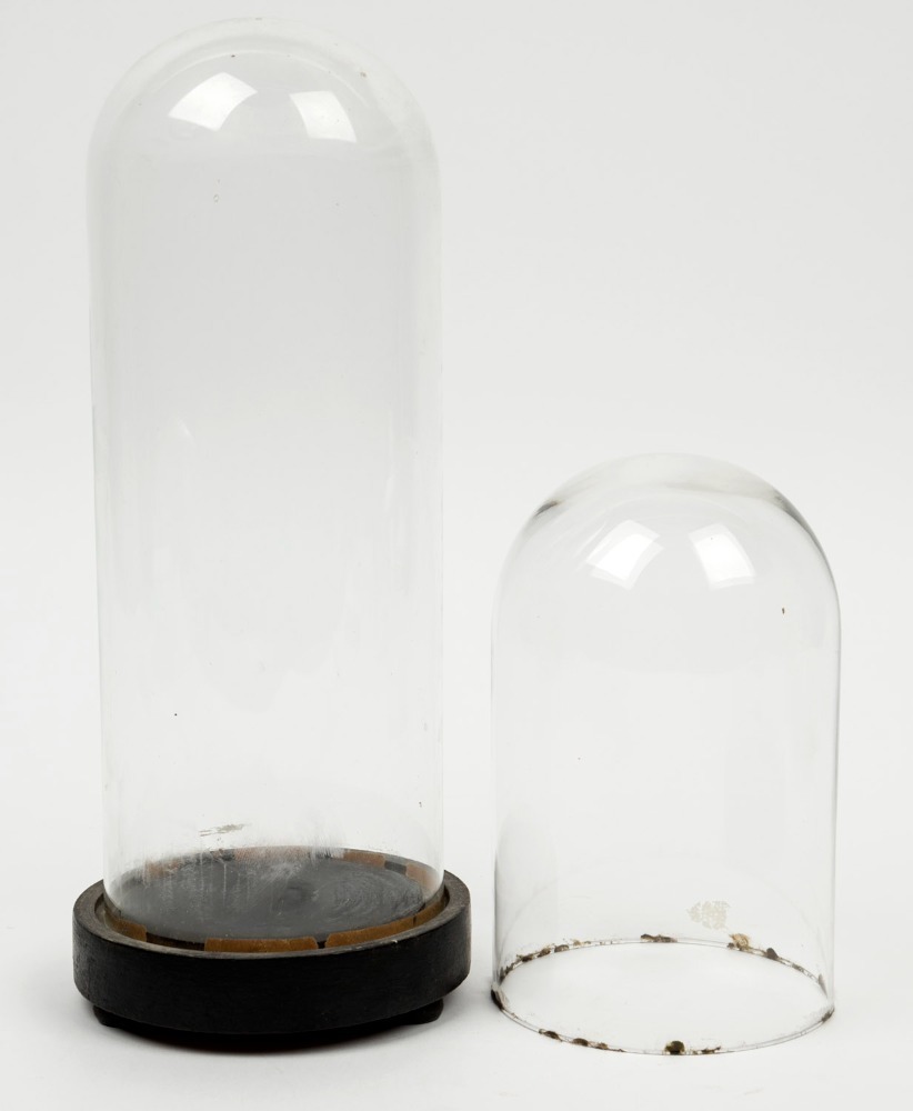 Two glass domes, one with base, 28cm and 15cm high