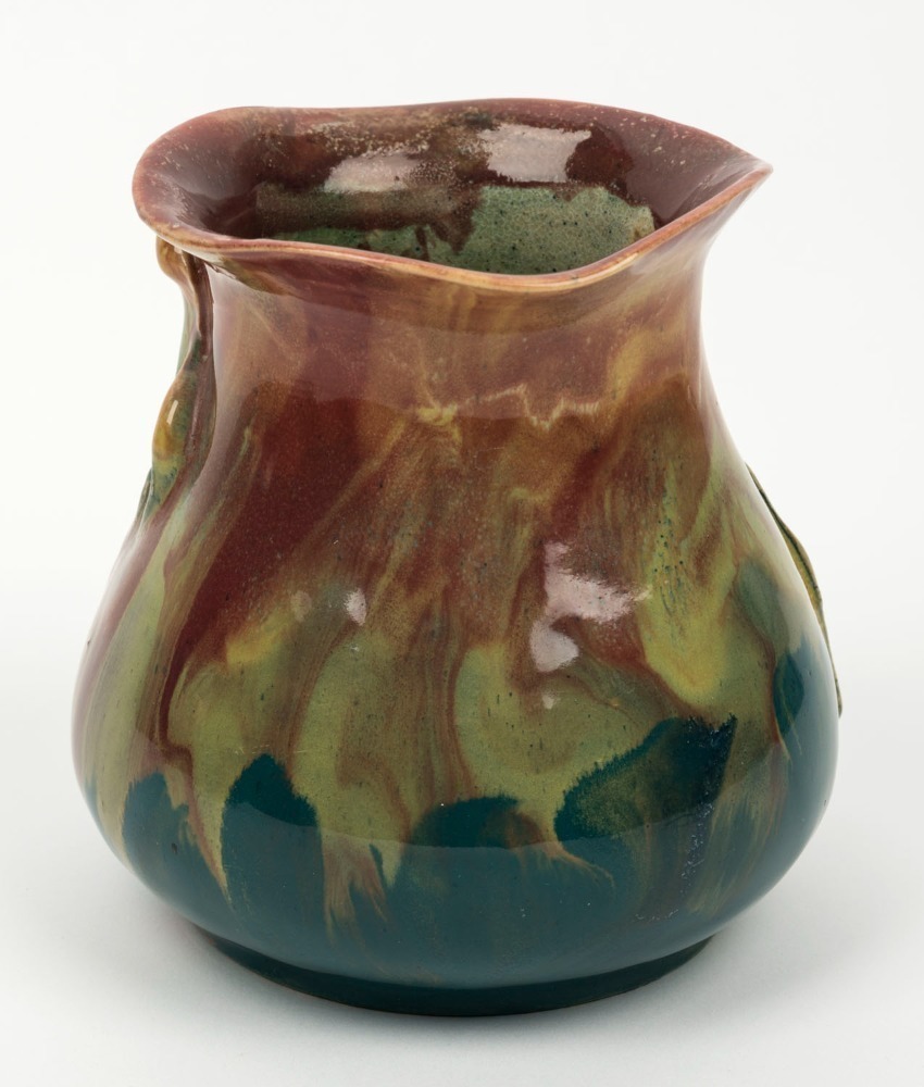 REMUED pottery vase with applied gumnut and leaf, glazed in pink, green ...