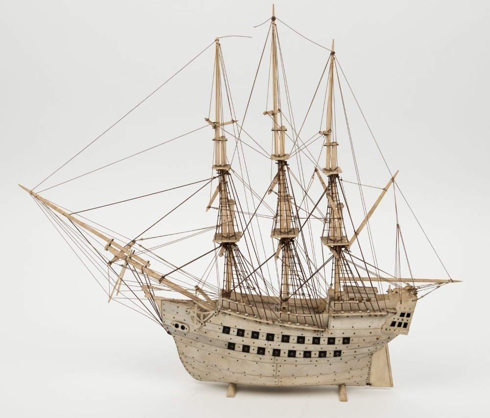 A Napoleonic prisoner of war bone model tallship housed in glass dome ...