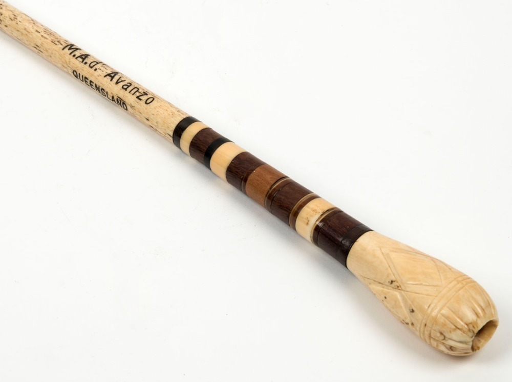 An antique whalebone walking stick with Australian sample wood timber ...