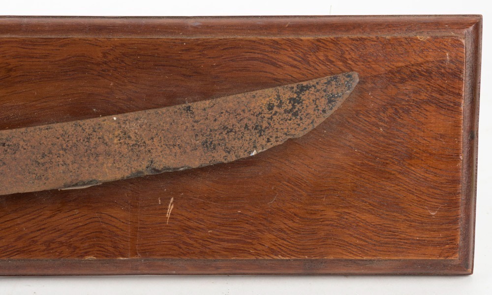 COLONIAL OFFICER'S SWORD relic condition, mounted on board with plaque ...