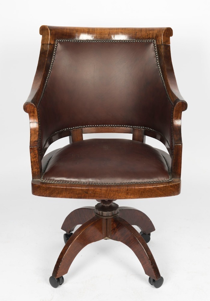 A fine antique Australian fiddleback blackwood and leather tub chair on ...