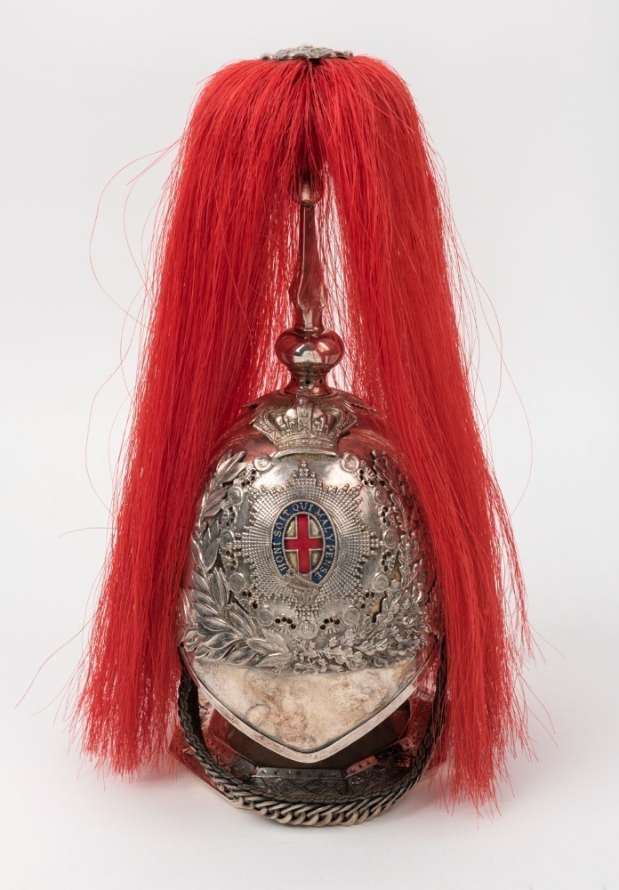A presentation electro plated silver model of a Calvary helmet of The ...