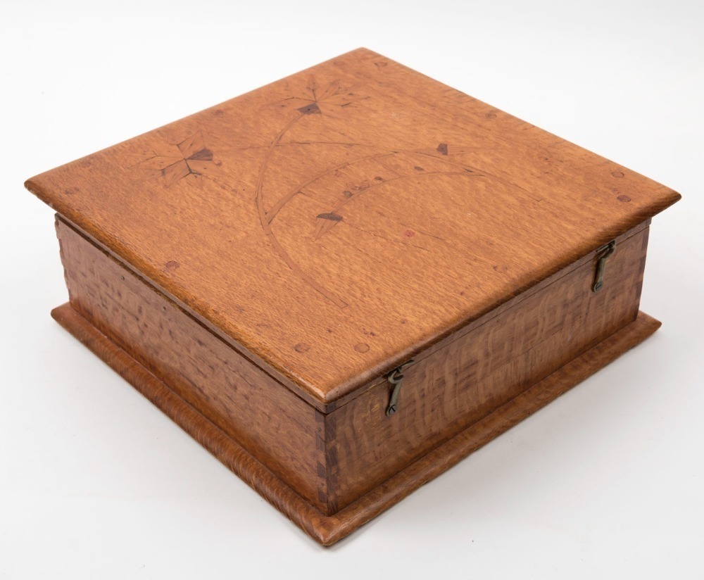 An antique silky oak compendium box with floral marquetry top, interior ...