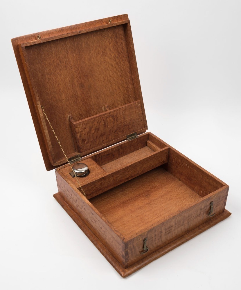 An antique silky oak compendium box with floral marquetry top, interior ...
