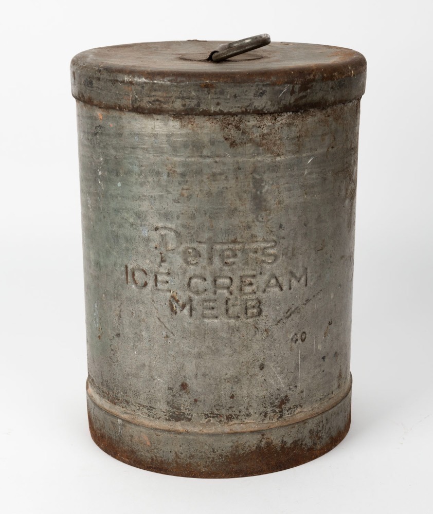 PETERS ICE CREAM vintage galvanized metal ice cream can, emblazoned ...