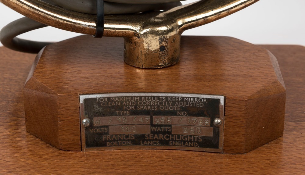 Nautical searchlight lamp, circa 1940s, on later silky oak platform ...