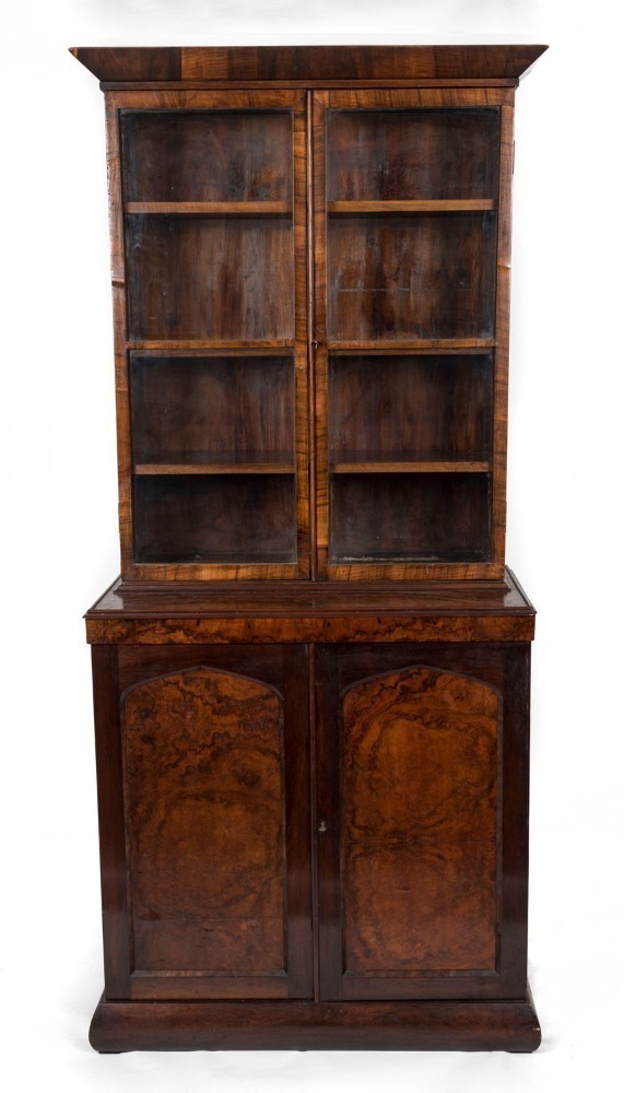 An antique English burr walnut bookcase of petite proportions 19th ...