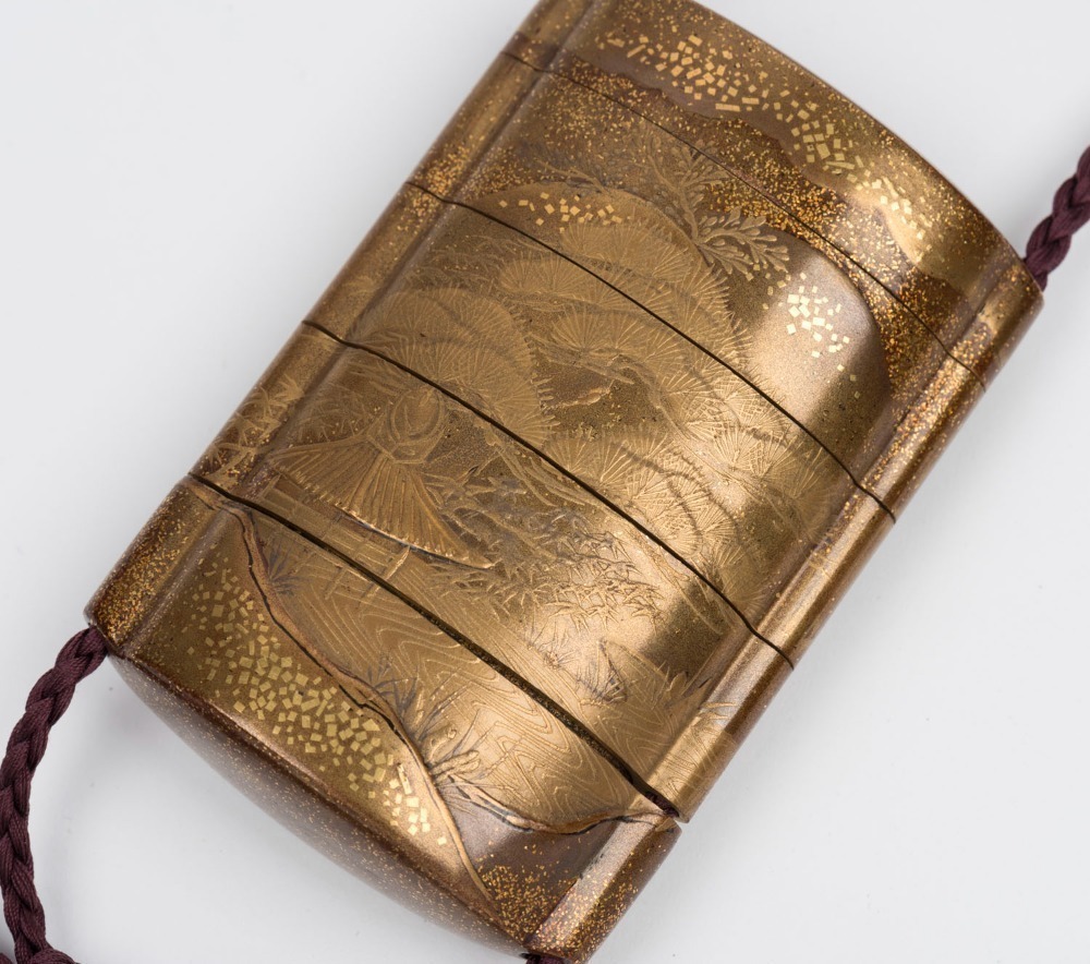 An antique Japanese lacquer inro depicting a pavilion in landscape ...