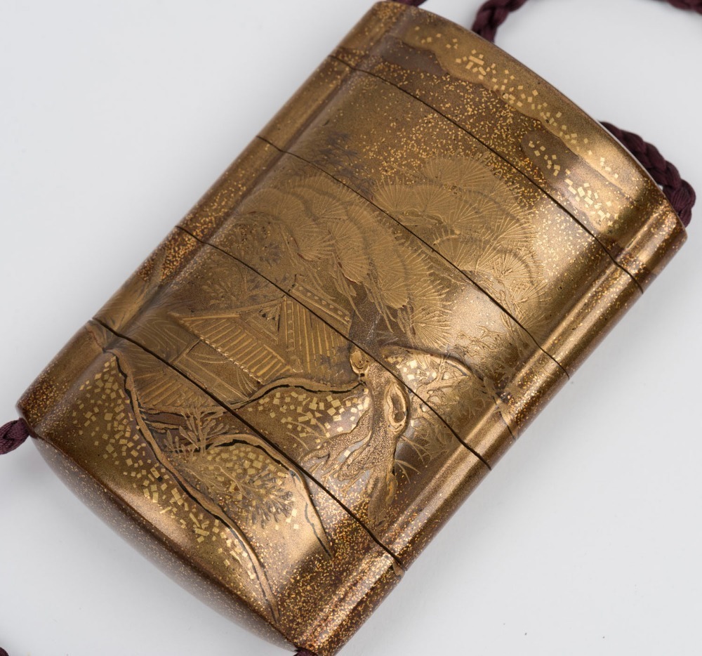 An antique Japanese lacquer inro depicting a pavilion in landscape ...