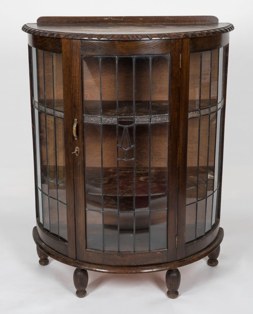 A vintage demi lune leadlight Australian oak display cabinet circa 1924