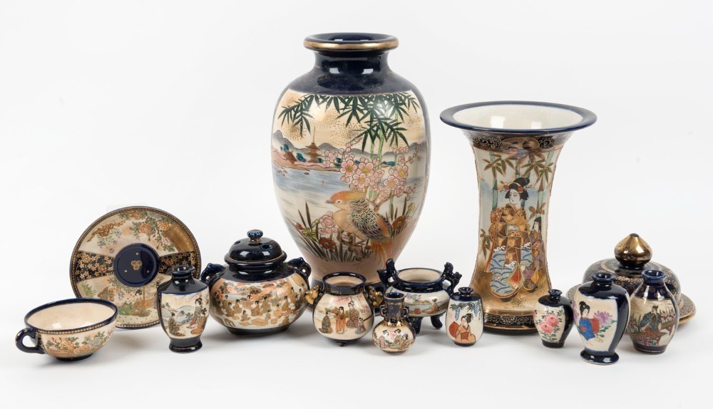 SATSUMA blue and gilt Japanese miniature vases, teacup and saucer, urn ...