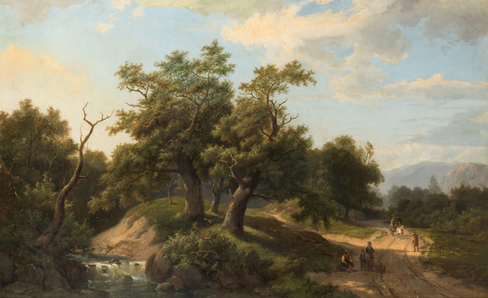 MARINUS ADRIANUS KOEKKOEK (1807– 1868) (wagon and figures in landscape ...